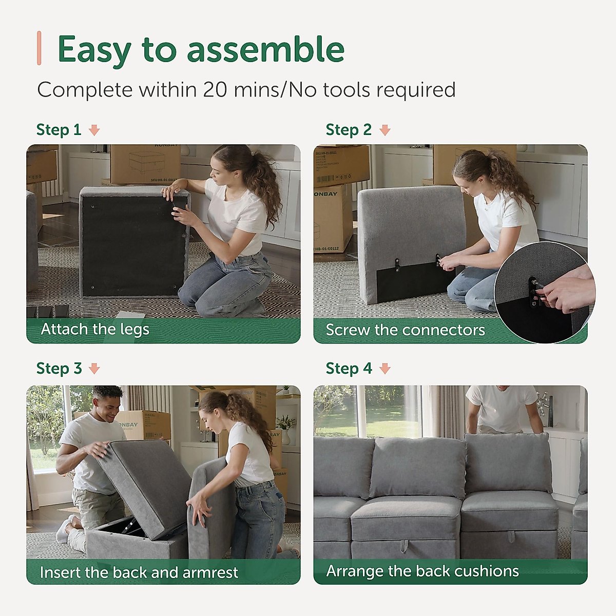 HONBAY Convertible Modular Sectional Sofa L-Shape Sectional Couch with Reversible Chaise Modular Sofa with Storage Seats, Grey