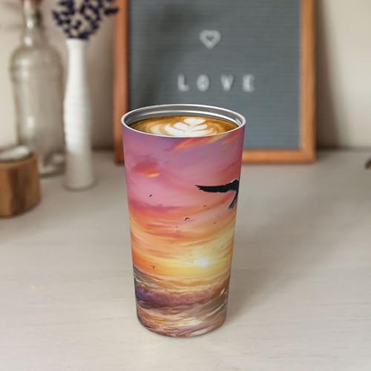 GTKSYNVE Reusable Coffee Mug with Lid and Handle, Sea gull Flying Over Colorful Sky Tumbler for Hot & Cold Drinks 16oz Stainless Steel Insulated Coffee Tumblers Double Wall Vacuum Thermal Cup