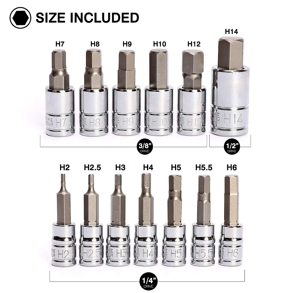 CASOMAN 13 Piece Hex Bit Socket Set, S2 Steel Bit Socket Tool Kit, Metric, 2mm-14mm, Allen Bit Socket Kit