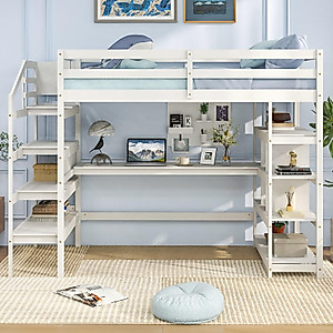 Giantex Twin Loft Bed with Desk and Stairs, Solid Wood High Loft Bed with 4-Tier Storage Shelves, Loft Bed Twin Size for Adults, Teens, Kids, Boys & Girls, No Box Spring Needed, White