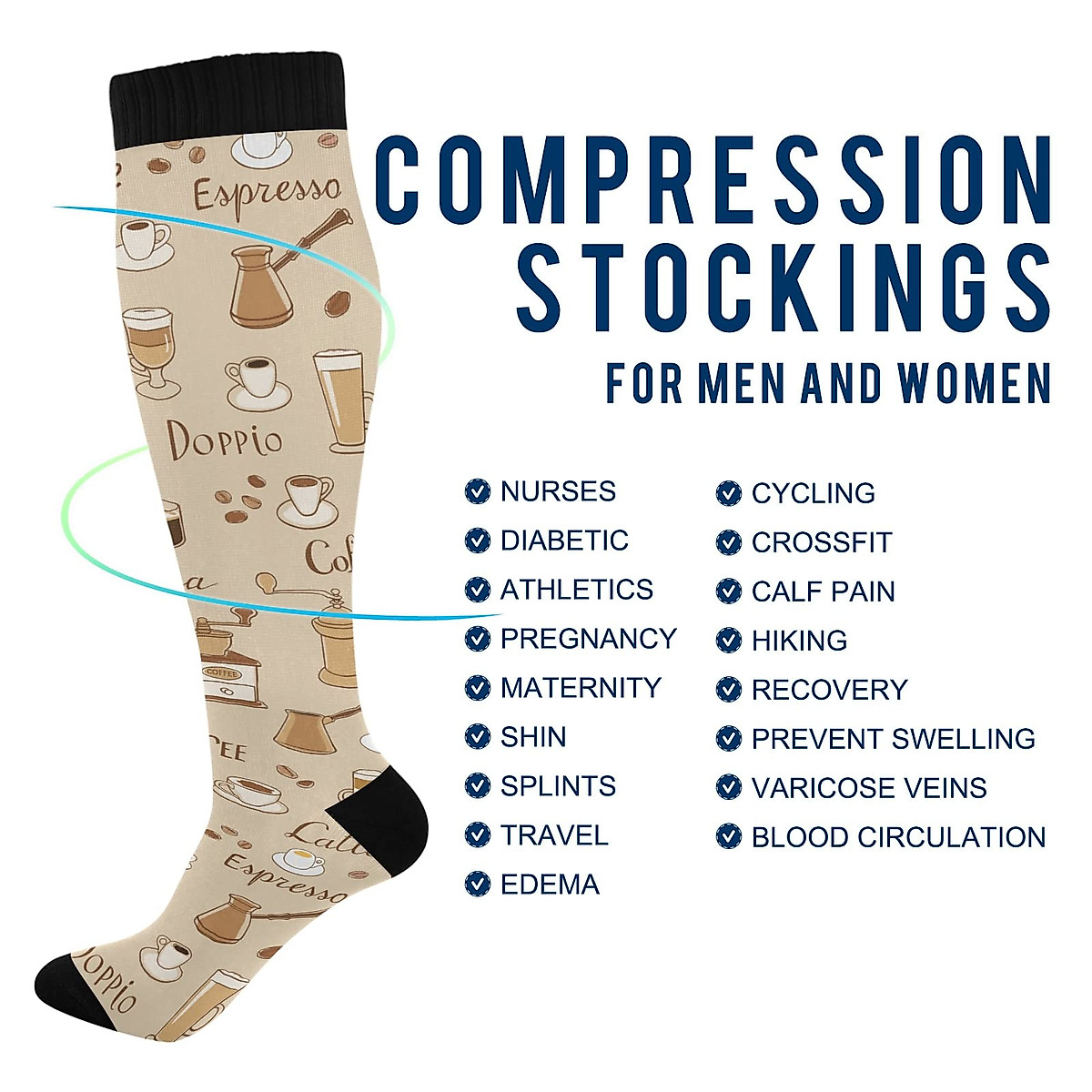 xigua Coffee Cups Compression Socks 20-30mmHg Knee High Stockings for Sport Nursing - 1 Pair