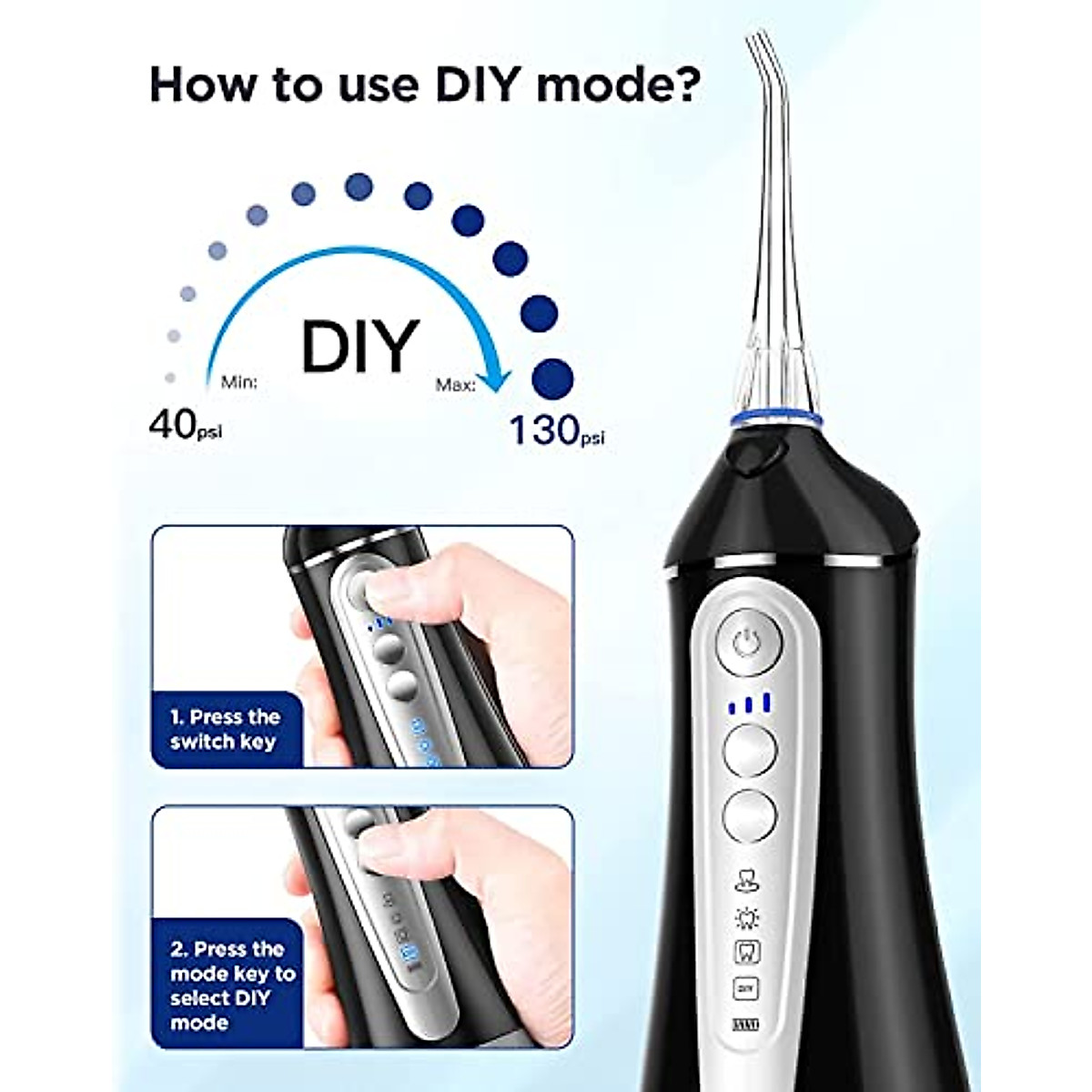 Water Flosser Cordless for Teeth Cleaning: Dental Oral Irrigator 4 Modes 5 Jet Tips 320ML Rechargeable IPX 7 Waterproof Portable Teeth Cleaner Pick for Home Trave (Black)