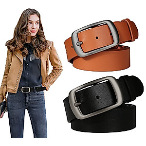 Ssumday 2 Pack Women's Womens Girl Female Ladies Black Brown Waist Leather Belts for Jeans Pants Dress Dresses with Fashion Pin Buckle(RZKBR-M)