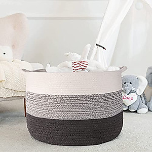 Blanket Basket for Living Room Large Cotton Rope Basket 21.7" x 21.7" x 13.8" Woven Laundry Basket Toy Storage Bins White Grey Black