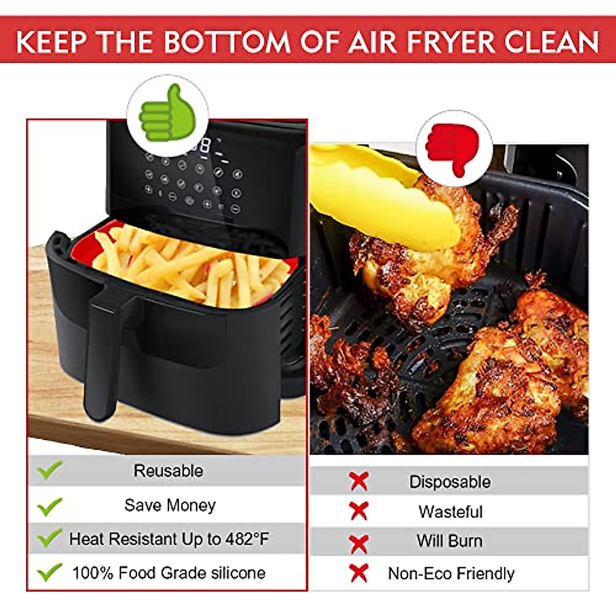Miookiss Air Fryer Silicone Liners，2 Pack Square Silicone Air Fryer Liners，8 Inch Reusable Air Fryer Silicone Pot for 4 to 7 QT，Non-stick Food Safe Air Fryers Oven Accessories (Red+Blue）