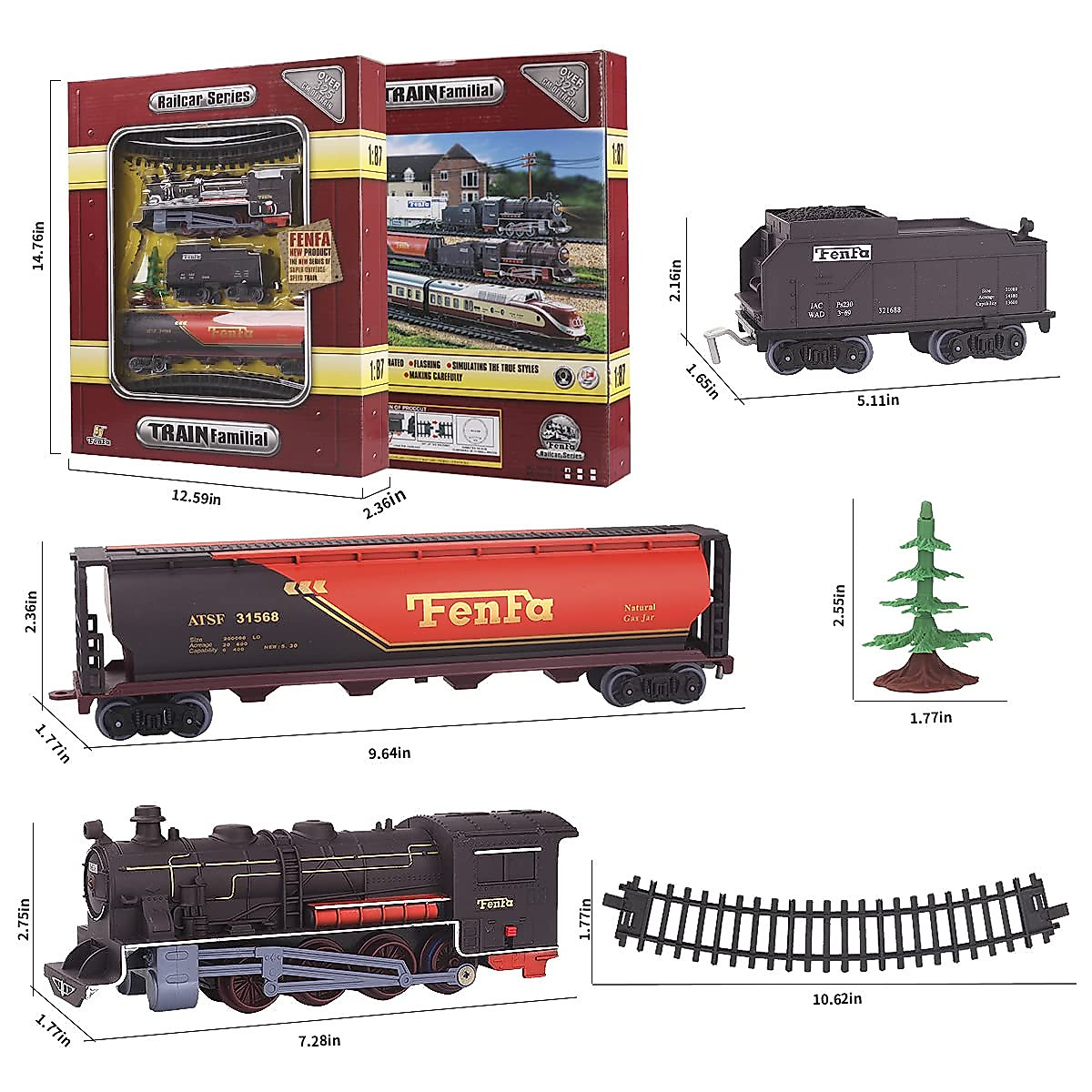 LEYI Classic Train Set Toys 1:87 Round Tracks Railway for Under Christmas Tree Battery Operated Train with Sound and Light Christmas Birthday Gifts for Boys and Girls 3 Cars 2 Trees 12 Tracks