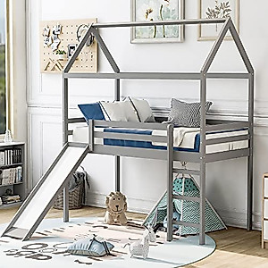LostCat Twin Size Loft Bed with Slide, House Shaped Solid Pine Wood Bed Frame with Safety Guardrail & Ladder, No Box Spring Needed, Save Space Design for Kids, Teens, Girls, Boys, Grey