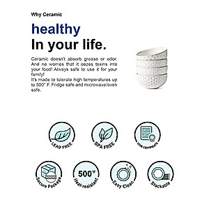 LE TAUCI Cereal bowls 26 OZ, Ceramic Soup Bowl for Kitchen, Embossment Stoneware Bowl House-warming Gift for Soup, Pho, Chip, Fruits, Salad, Noodle, Ramen - 6 Inch, Set of 4, Arctic white