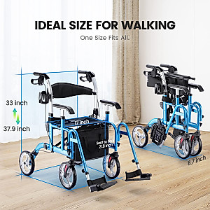OasisSpace 2 in 1 Rollator Walker with Footrest - Transport Walker Chair with 10 inch Wheels, Walker with Cup Holder for Adult
