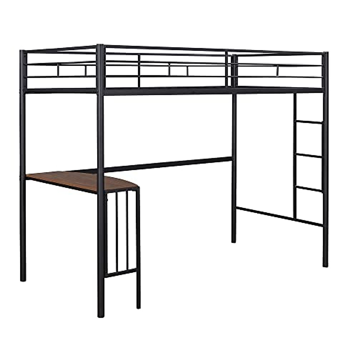 BOVZA Metal Loft Bed Twin Size with Desk, Ladder and Guardrails, for Kids Teens Adults, Black