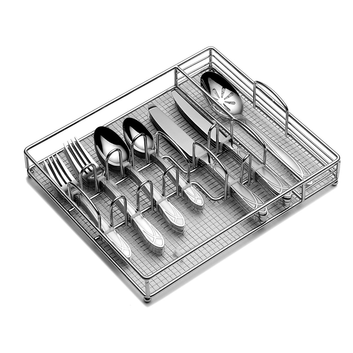 Pfaltzgraff Mirage Frost 45-Piece Stainless Steel Flatware Set with Serving Utensil Set and Metal Storage Caddy, Service for 8
