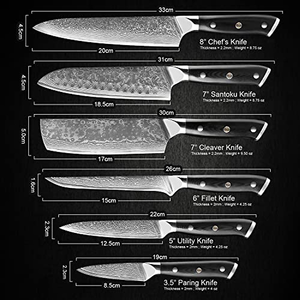 SENKEN 6-Piece Damascus Steel Kitchen Knife Set - Shogun Collection - 67-Layer Japanese VG10 Steel - Chef's Knife, Cleaver Knife, & More, Extremely Sharp Blades for Effortless Cutting, Luxury Gift Box