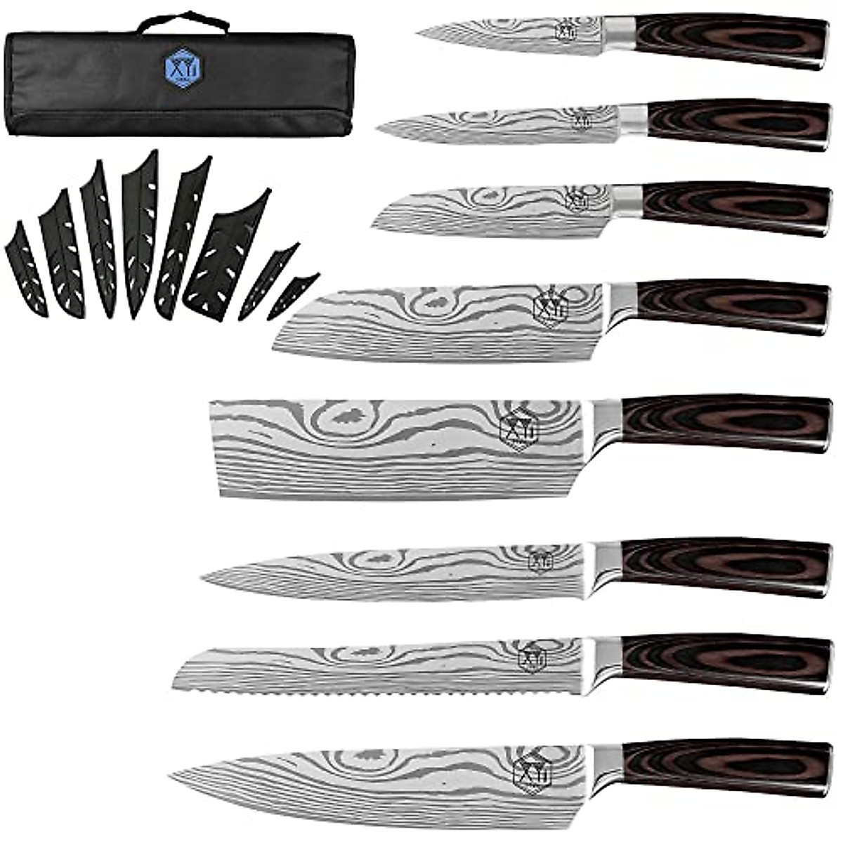 XYJ Set of Knives 8-pieces Stainless Steel Kitchen Knife Vegetable Nakiri Knife Meat Ham Steak Bread Slice Knives With Carry Roll Bag Chef Tools Set (Coffee)