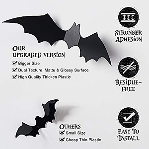 Coogam 60PCS Halloween Bats Decoration, 4 Different Sizes Realistic PVC Black 3D Scary Bat Sticker for Home Decor DIY Wall Decal Bathroom Indoor Hallowmas Party Supplies