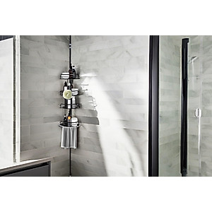 Everkeen Corner Shower Caddy Tension Pole, 4 Tier Bathroom Organizer and Shampoo Storage Shelves 48 to 115 inch Adjustable Floor Standing Bath Rack Holder with Sticky Hooks, Quick Installation