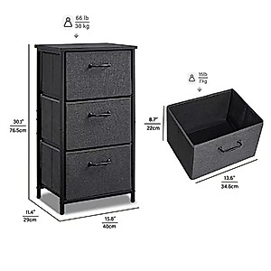 LAND·VOI Storage Dresser with 3 Fabric Drawers,Night Stand for Bedroom, Office, Living Room, and Hallway Entryway Closets, Steel Frame Wood Top, Easy Pull Handle,Black Grey BET11B