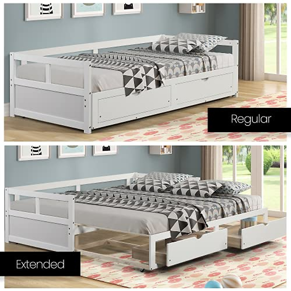 Hanway Twin Daybed with Two Drawers - White Solid Pine Wood Material - Extendable to King Size Bed Frame with Extra Storage Drawers – Elegant Furniture for Compact Rooms