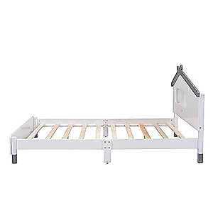 Full Size House Bed Frame for Kids,Full Size Kid Bed Frame with Headboard for Teens Girls Boys,Wood Bed with House-Shaped Headboard and Motion Activated Night Lights,No Box Spring Needed, White+Grey
