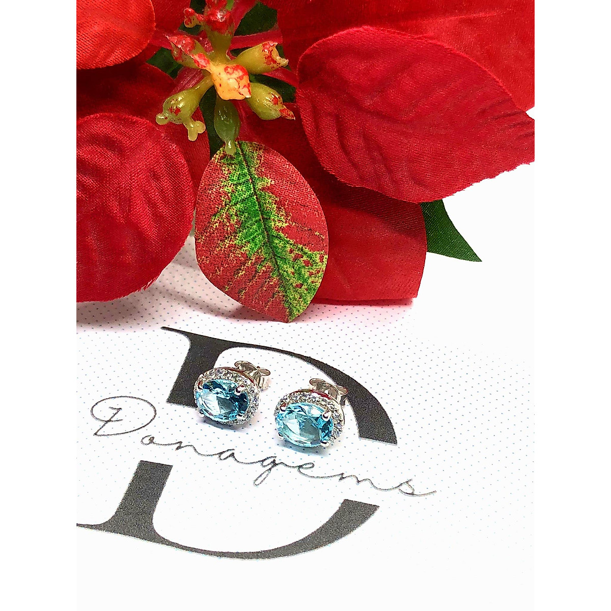 DONAGEMS 9x7 Oval Cut Gemstone Halo Studs Earrings with Push Back - Aquamarine