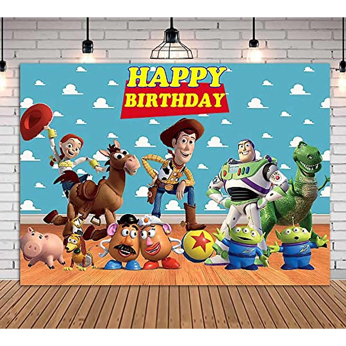 7x5ft Cartoon Toy Story Birthday Party Theme Photography Backdrops Blue Sky White Clouds Banner Kids Birthday Party Photo Background Cake Table Decoration Supplies Studio Booth Props