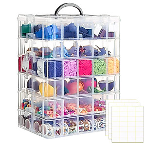 Quefe 6-Tier Stackable Storage Container Box with 60 Compartments, Plastic Organizer Box for Organizing Washi Tape, Embroidery Accessories, Threads Bobbins, Kids Toy, Beauty Supplies