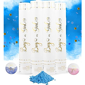 Gender Reveal Confetti Powder Cannon - 4 Blue/Gold Poppers - Gender Reveal Party Supplies - Smoke Powder & Confetti Sticks - Gender Reveal Stickers 40 pcs (20 Girl 20 Boy)