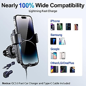 Wireless Car Charger, 15W Qi Auto-Clamping Car Phone Holder Mount Fast Charging, Wireless Car Mount for iPhone 14/13/12, Galaxy with QC 3.0 Car Charger and Type C Cable