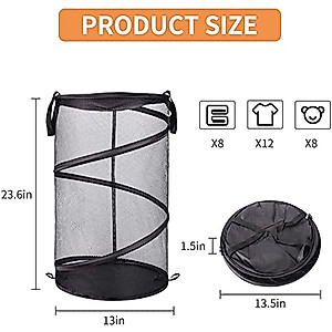 Collapsible Mesh Popup Laundry Hamper, Foldable Dirty Clothes Basket w/Strong Carry Handles/Solid Bottom/High Carbon Steel Frame/Storage Bag, Great for Kids Room/College Dorm/Travel, Round, Black