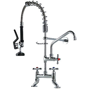 YooGyy Commercial Sink Pre-Rinse Sprayer 4-8 Inch Center Deck Mount 26’’ Height Kitchen Faucet, Dual Hole Dual Handles with High Pressure Pull Down Spray Valve and 10’’ Add on Spout