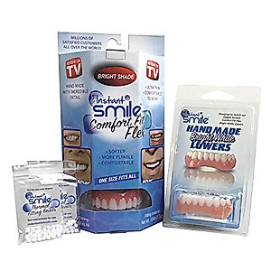 Instant Smile Comfort Fit Flex Teeth - Upper and Lower Matching Set, Bright White Shade! Fix Your Smile at Home Within Minutes!