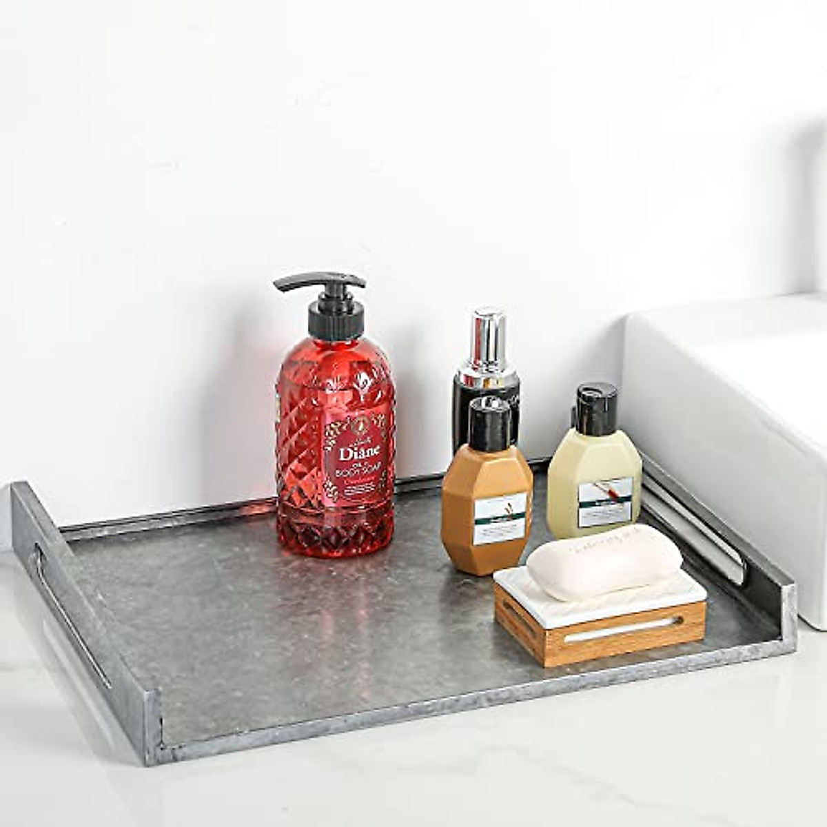 MyGift Rustic Square Silver Galvanized Metal Large Serving Tray with Handles, Tray for Ottoman, Breakfast, Tea, Coffee Table
