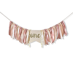 Pink Gold One Highchair Banner - Pink Birthday Party Decoration, Gold One High Chair Banner For 1st Birthday Girl, Cake Smash Photo Prop, Baby Shower Garland (Flower One Banner Pink)
