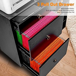 EasyPAG Mobile Filing Cabinet 3 Drawer Wood Lateral File Cabinet and 2 Open Shelf for Documents, Paper,Hanging File Folders, Black