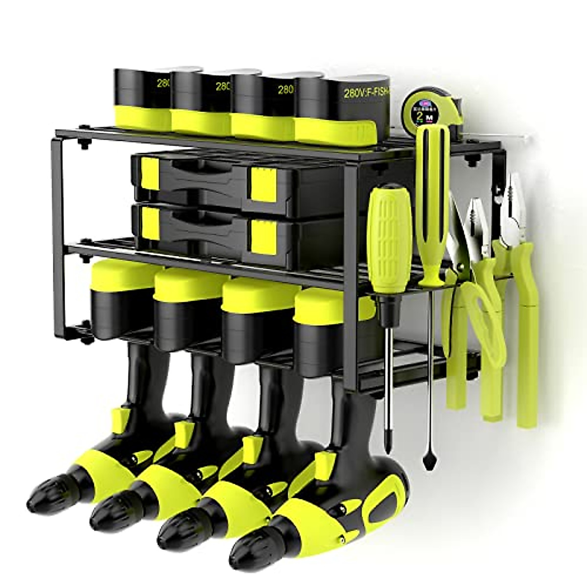 hannger Power Tool Organizer Wall Mount, 3 Layers 4 Holes Drill Organizer Wall Mount, Includes Drill Organizer Wall Mount and Tool Shelf for Maximum Efficiency
