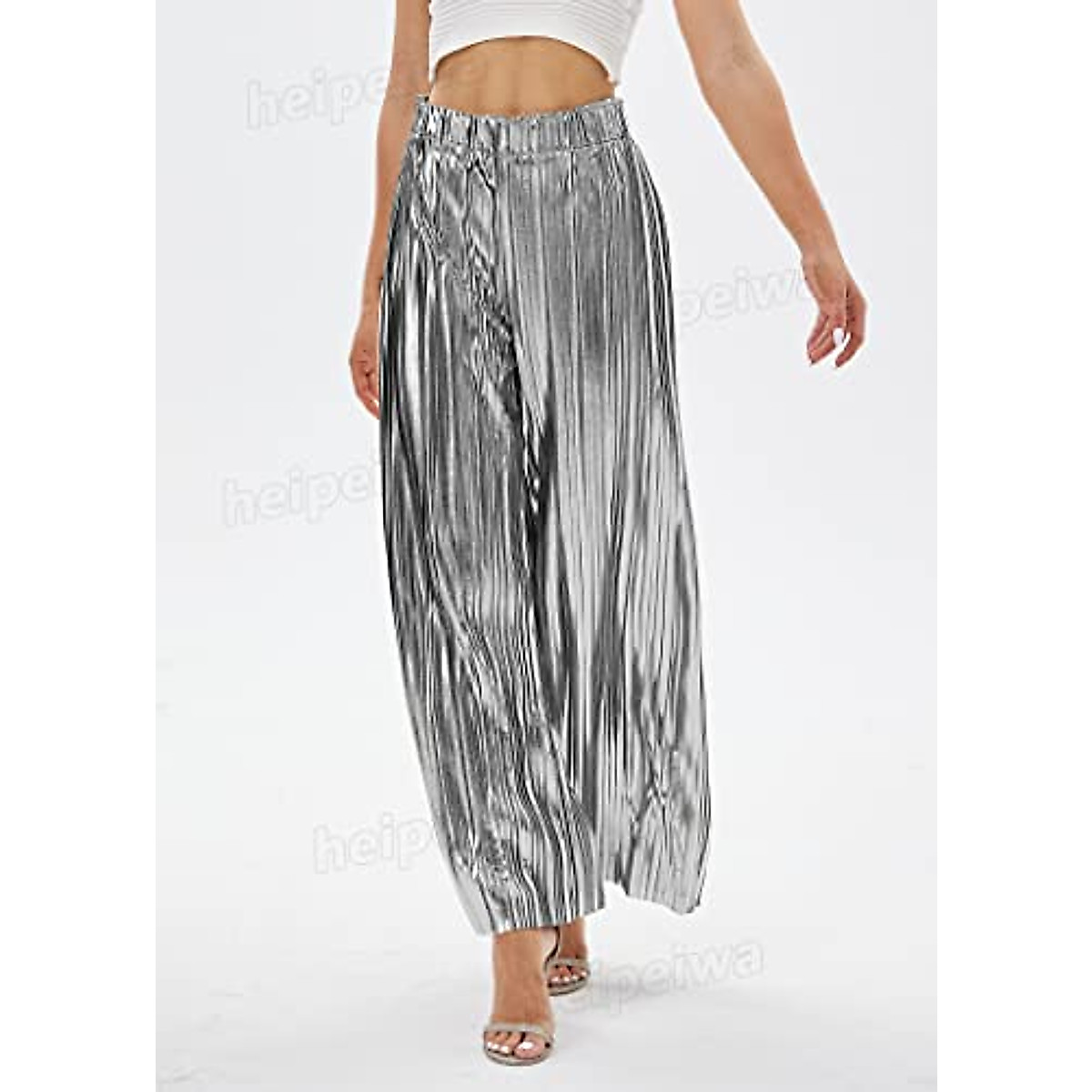 heipeiwa Women's Shiny Pleated Wide Leg Pants Party Nightout High Elastic Waist Trouser Outfit Clubwear Silver