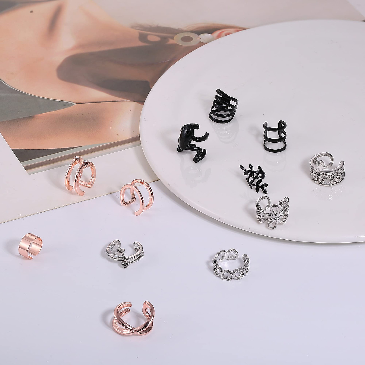 LOYALLOOK 47PCS Ear Cuffs for Women Non Piercing Clip On Cartilage Helix Wrap Ear Clip Earrings Snake Cross Claw Fake Cartilage Earrings, Rose Gold