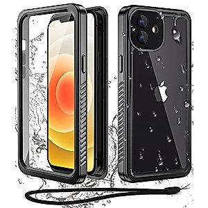 WIFORT iPhone 12 Mini Waterproof Case Built-in Screen Protector Water Resistant Cover Protective Drop Protection Hard, Shockproof Full Body Defender Tough Military Grade - 5.4" Black