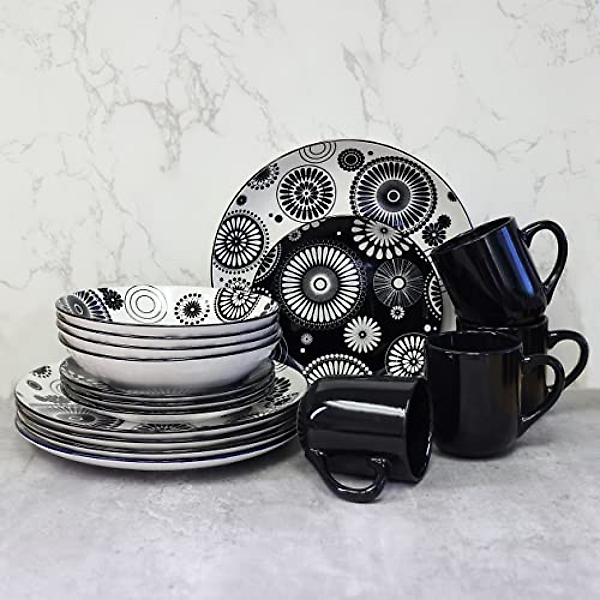 16 Pieces Dinnerware Set, Stoneware, plates and bowls sets, Service for 4, Porcelain, Decorated Mod Dot Black, Microwave Dishwasher Safe, Chip Resistant, for everyday casual kitchen and formal dinner