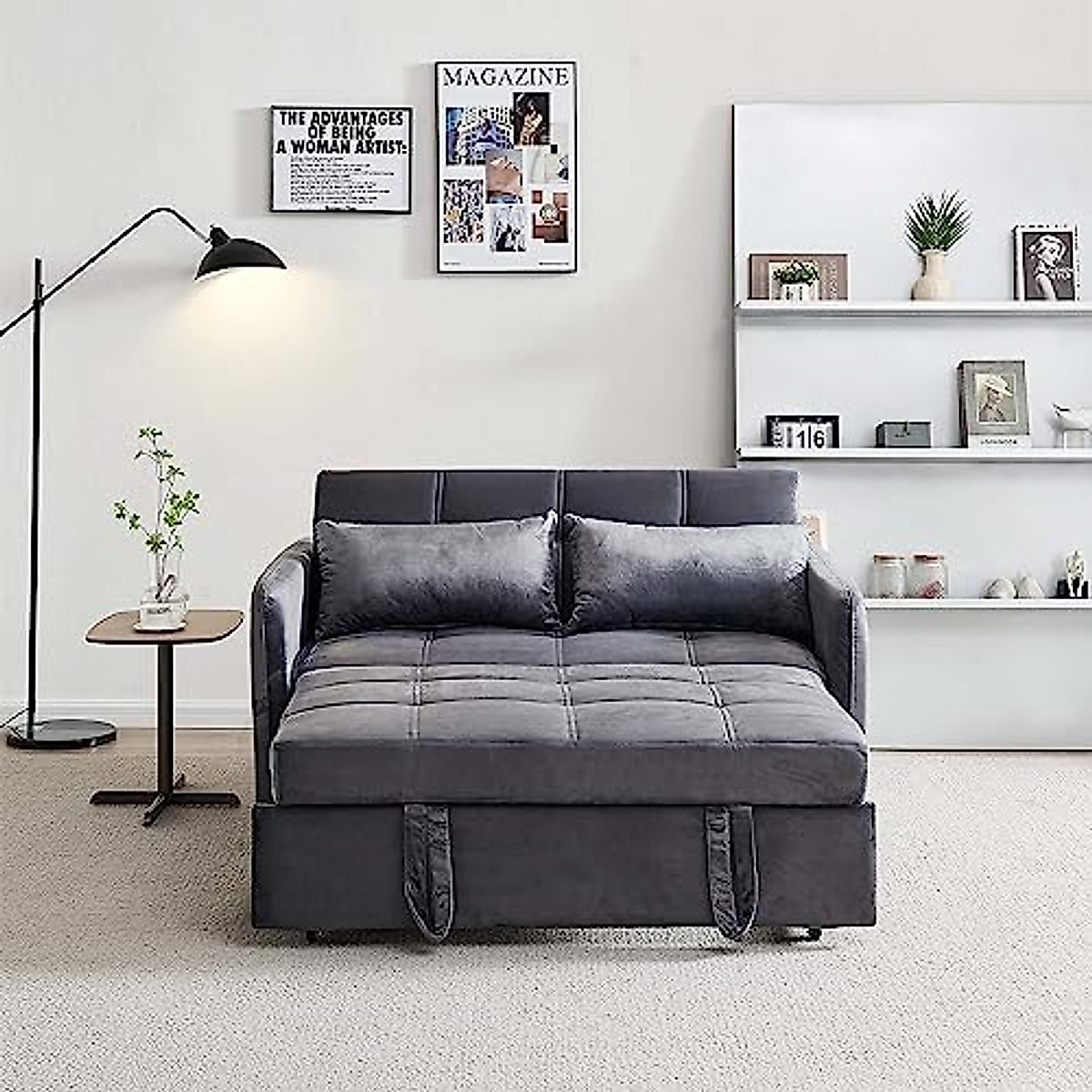 Antetek 3-in-1 Sleeper Sofa Bed w/USB Port, Modern Convertible Tufted Velvet Upholstered Pull Out Futon Couch, 55.5" W Small Loveseat Sofa for Office Living Room Small Space, Grey