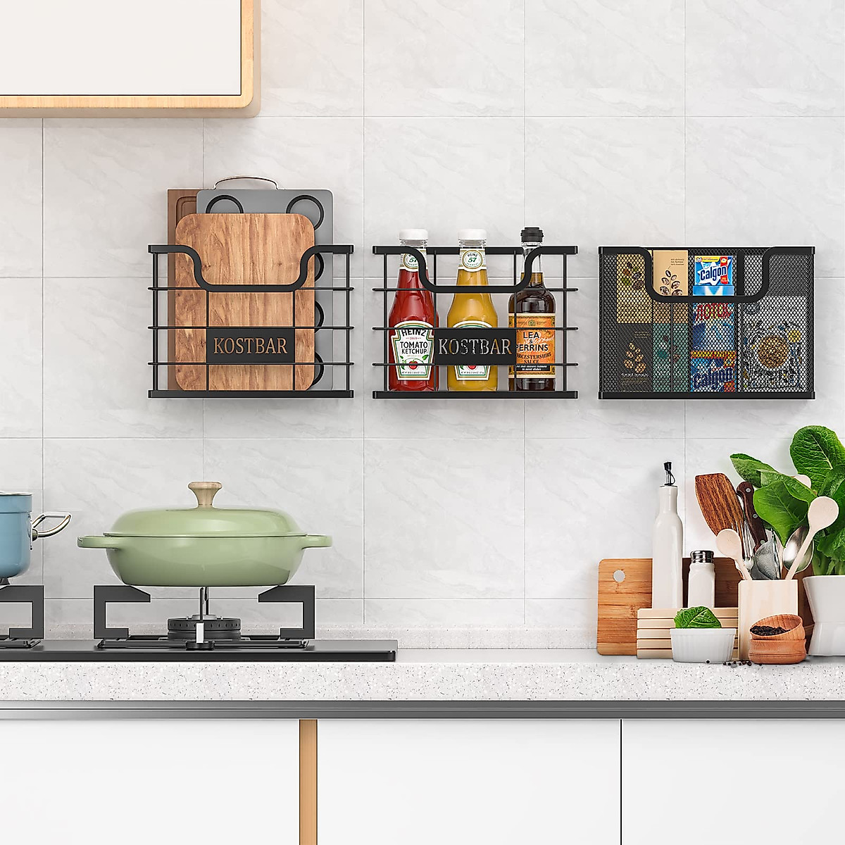 KOSTBAR Over The Cabinet Door Organizer, Cutting Board Organizer With Towel Rack, Wall Mount Storage Basket, Kitchen Cabinet Organizer For Baking Sheet, Cookie Sheet, Plastic Wrap 3 Pack