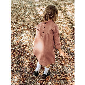 USKIDKK Toddler Girl Dress Long Sleeve Linen Cotton Dress Casual Fall Dresses Clothes (Lotus pink,3-4T)