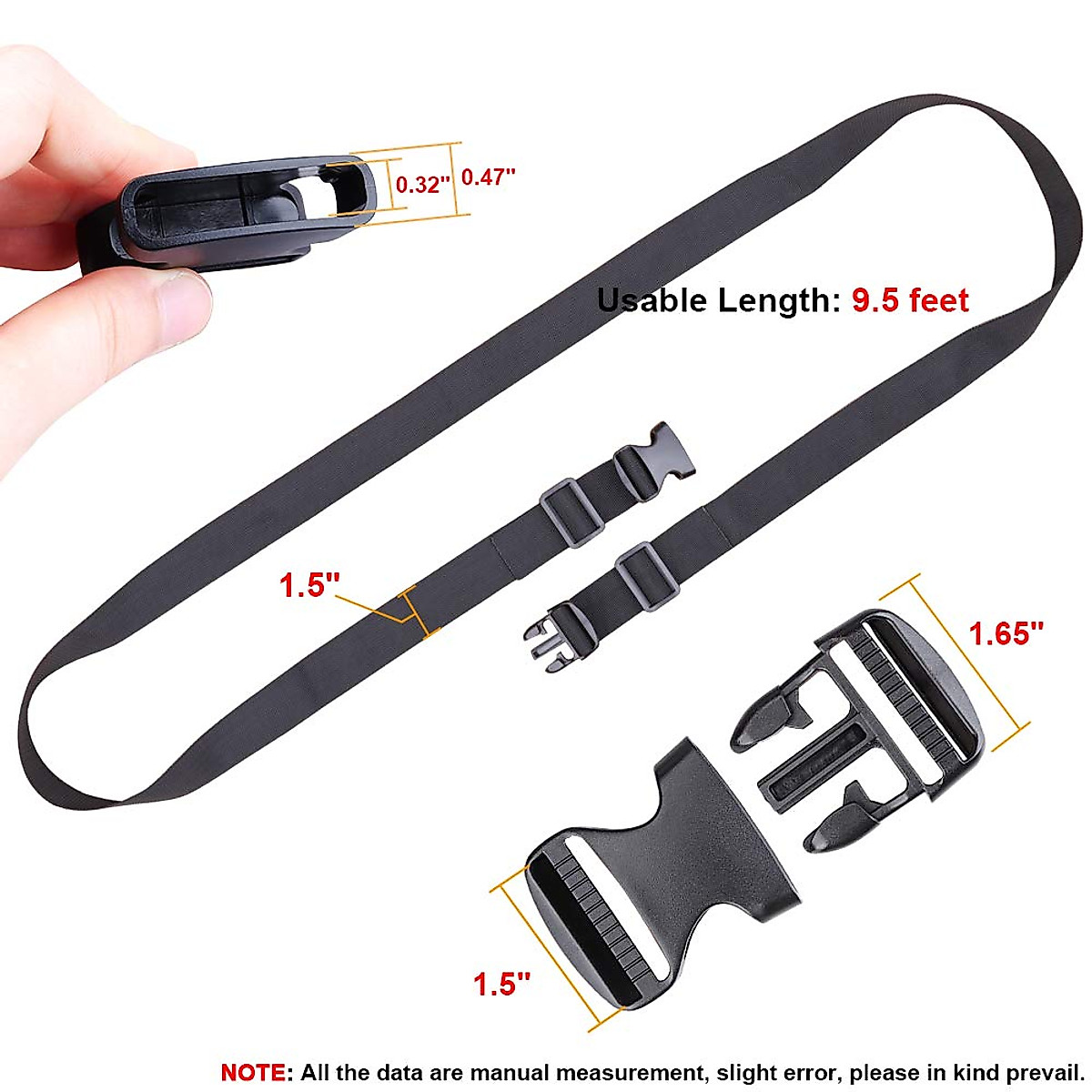 MAGARROW 1.5" Utility Straps with Buckle Adjustable, 4-Pack (Black, 9.5 feet Long)