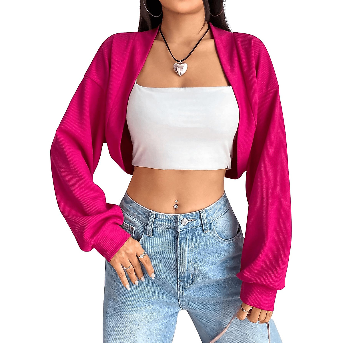 SweatyRocks Women's Casual Long Sleeve Ribbed Knit Top Open Front Cropped Cardigan Sweater Hot Pink M