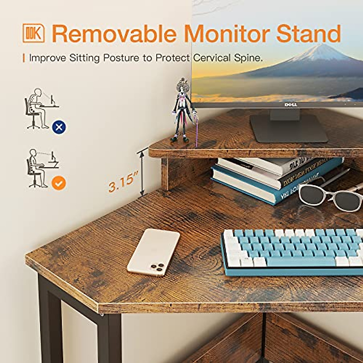 ODK Corner Desk Space Saving Small Desk with Sturdy Steel Frame, Computer Desk with Monitor Stand for Small Space, Easy Assembly Triangle Vanity Desk with Durable Wooden Desktop