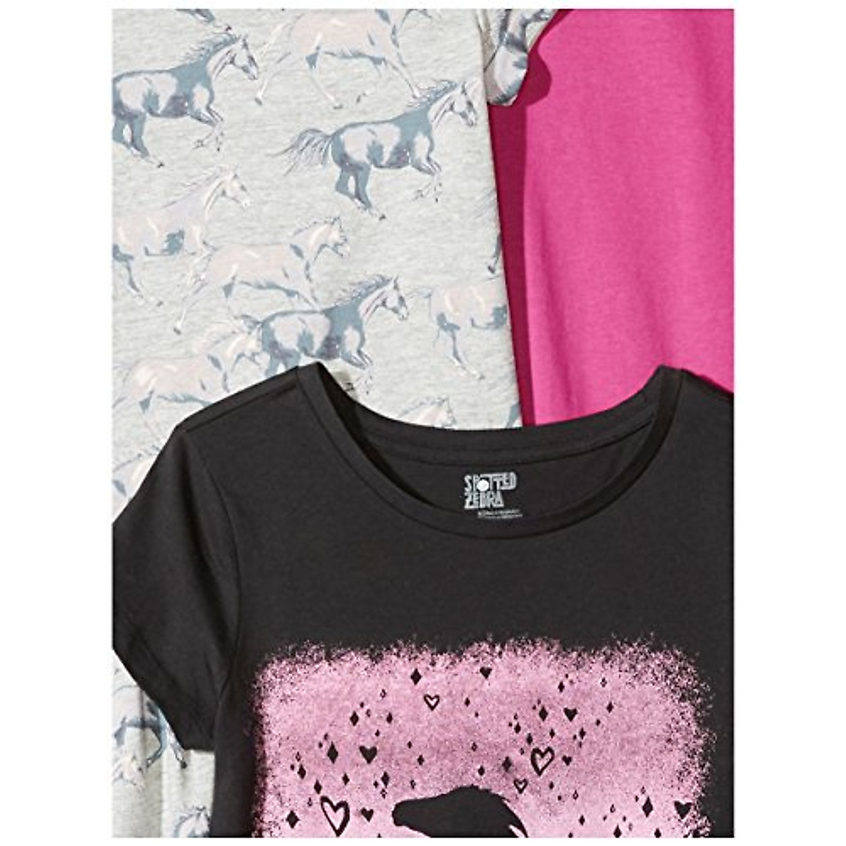Amazon Essentials Girls' Short-Sleeve and Sleeveless Tunic Tops (Previously Spotted Zebra), Pack of 3, Black/Grey Horses/Pink, Medium