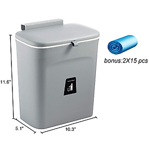 Lunies 2.4 Gal Compost Bin/Hanging Small Trash Can with Lid for Kitchen Cabinet Door/Counter Top/Under Sink/Bedroom/Bathroom/Cupboard Grey