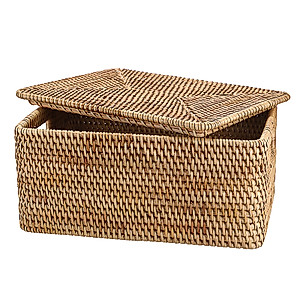 Hipiwe Rattan Basket Box for Shelf Organizing, Natural Storage Wicker Basket Bins with Handles, Large Lidded Basket Rectangular Rattan Box Handwoven Decorative Basket Box,15.1"x11.2"x7.3"