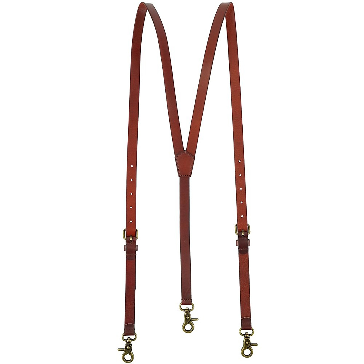 Lawevan Men's Reddish Brown Shiny Genuine Leather Suspenders, Steampunk Style Y back Adjustable Belt Loop, 3 Snap Hooks