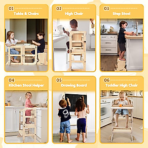 Woodure 6 in-1 Toddler Kitchen Step Stool with Wooden Stool, Foldable Learning Standing Tower with Blackboard & Feeding Tray, Wooden Kitchen Stool Helper for Kids, 1-3 Year Old Boy Girl Gifts