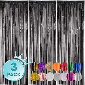 Voircoloria 3 Pack 3.3x8.2 Feet Black Foil Fringe Backdrop Curtains, Tinsel Streamers Birthday Party Decorations, Fringe Backdrop for Graduation, Baby Shower, Gender Reveal, Disco Party